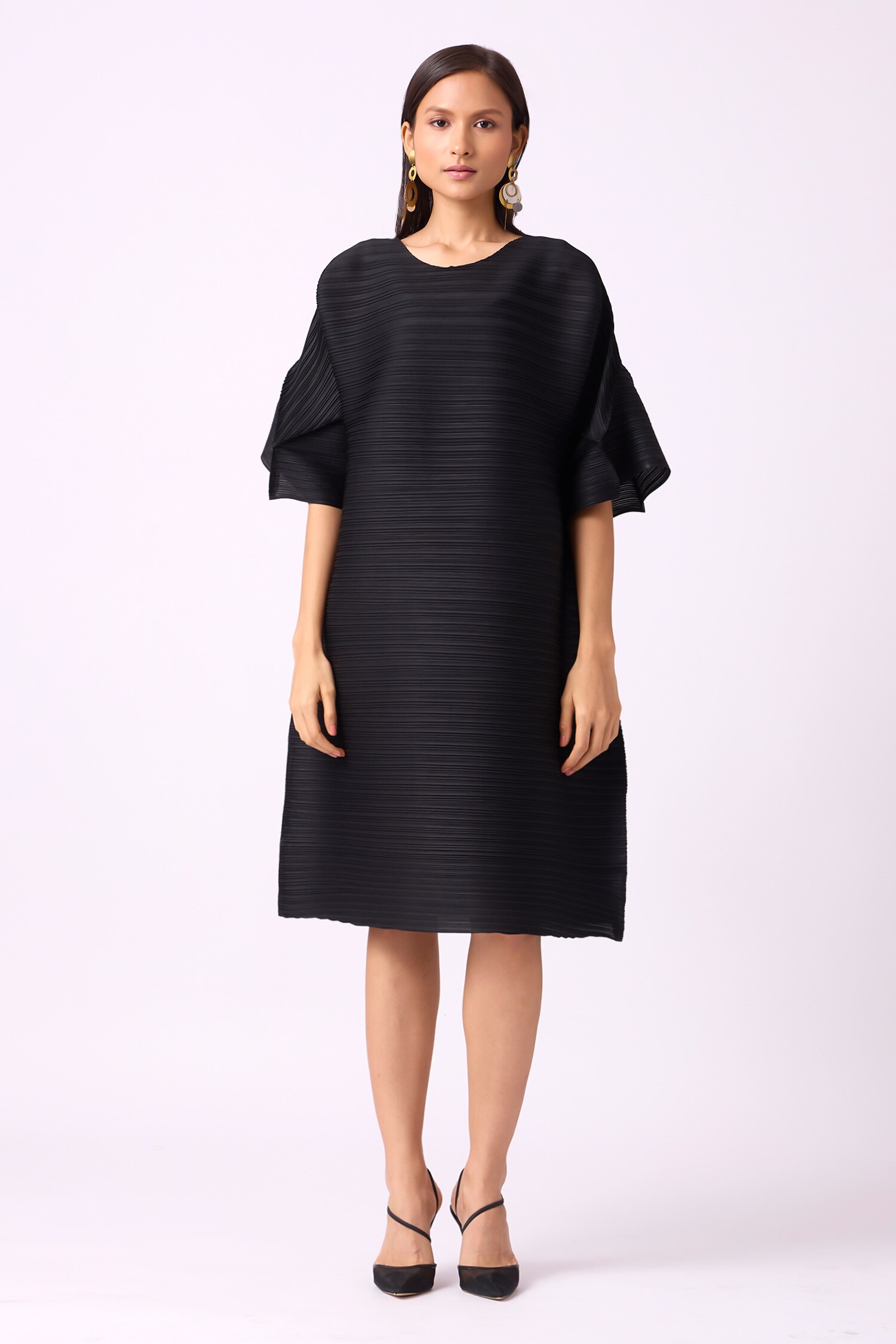 Buy Black 100% Polyester Printed Block Paulina A-line Textured Dress ...