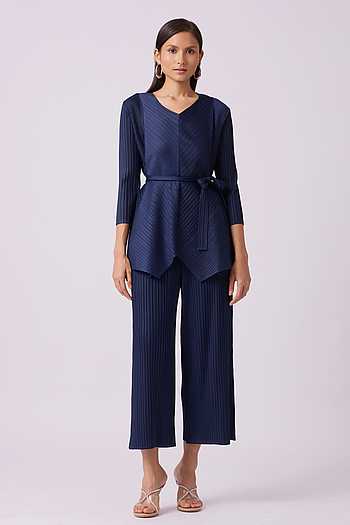 Buy Blue 100% Polyester Plain V Neck Zola Textured Top And Pant Set For ...