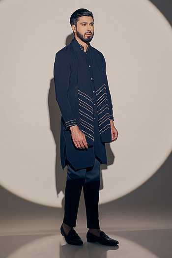 Buy Kaaj Button Blue Twill Sherwani Set With Embellished Dupatta Online ...
