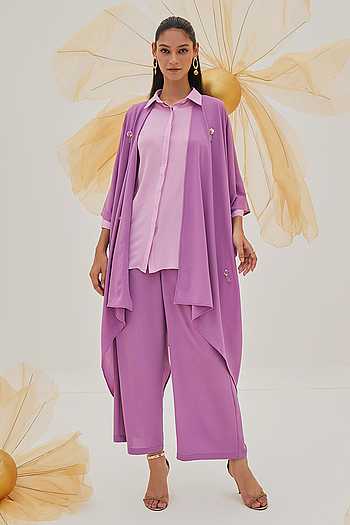 Buy Purple Luxury Moss Lavendream Solid Pant Set With Asymmetric Cape ...
