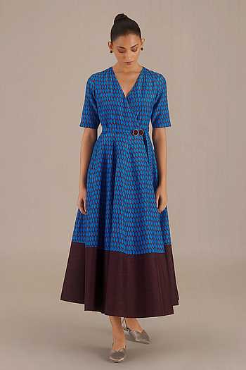 Buy Blue Rose Silk Discharge Print Bird V Anaya Paisley Dress With Belt ...