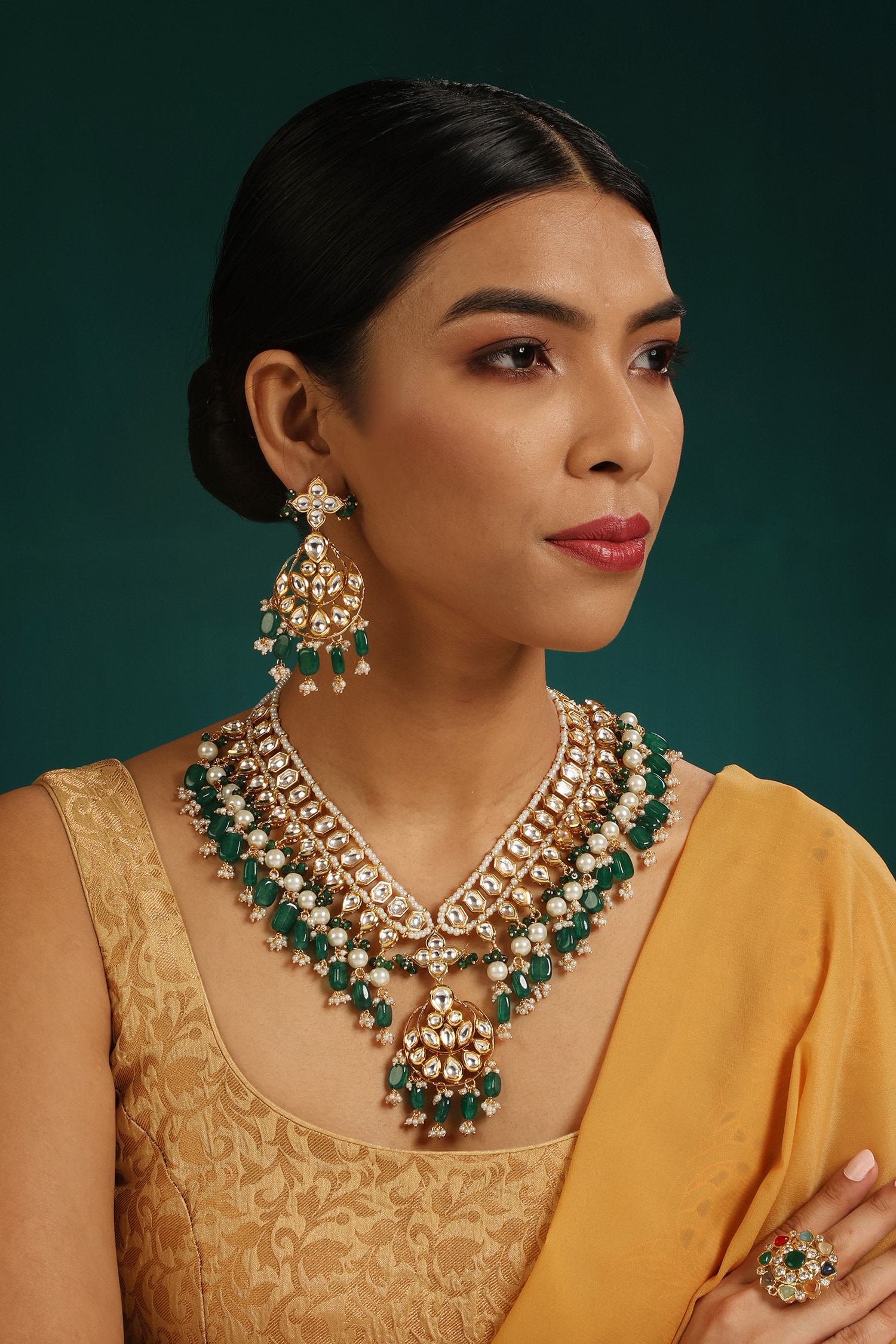Buy Green Pearl And Stones Embellished & Necklace Set by Minaki Online at Aza Fashions.
