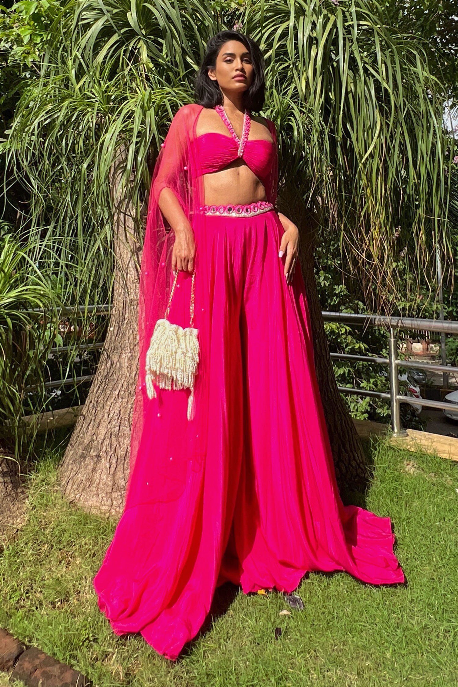 Buy Anshika Tak Label Fuchsia Pearl Embellished Cape Palazzo Set Online ...