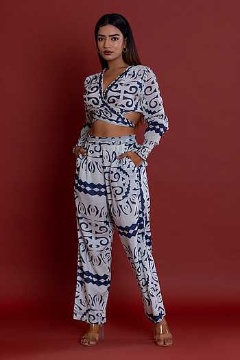 Buy Label Reyya Blue Cotton Tribal Print Overlapped Top And Pant Set ...