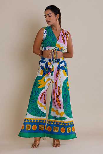 Buy Green Cotton Printed V Neck Crop Top And Slit Pant Co-ord Set For ...