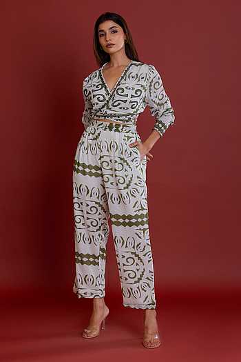 Buy Green Cotton Printed Tribal Patterns V Neck Overlapped Top And Pant ...