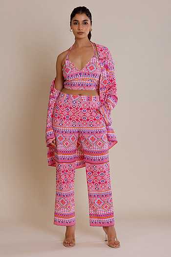Buy Label Reyya Fuchsia Cotton Geometric Print Pant Set With Shrug ...