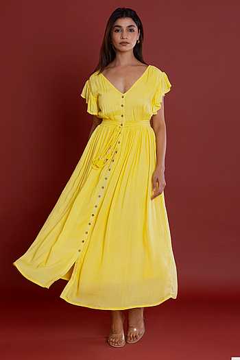 Buy Label Reyya Yellow Rayon Crepe Solid Maxi Dress Online | Aza Fashions