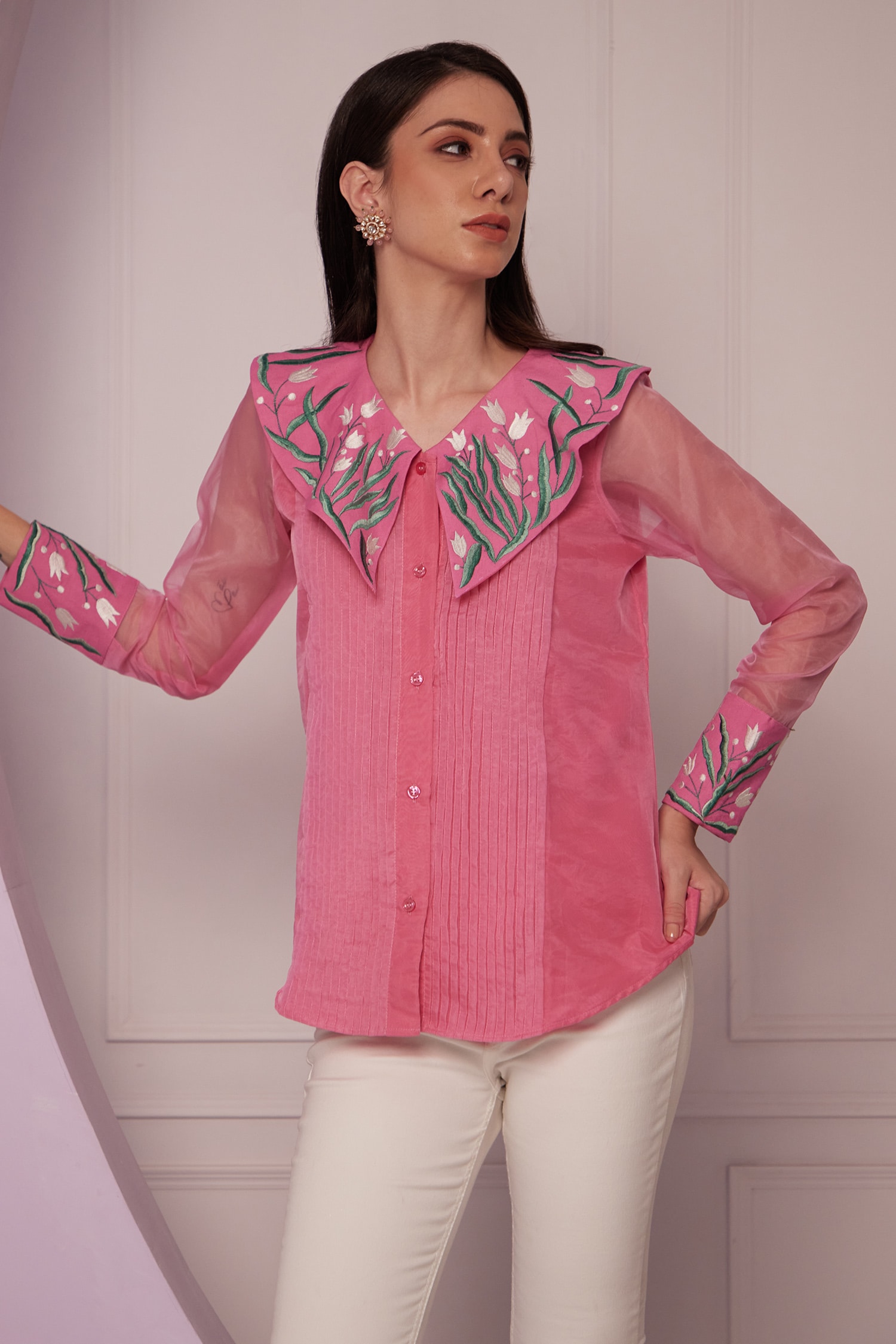 Buy FUGA Pink Organza Tulip Embroidered Collar Shirt Online | Aza Fashions