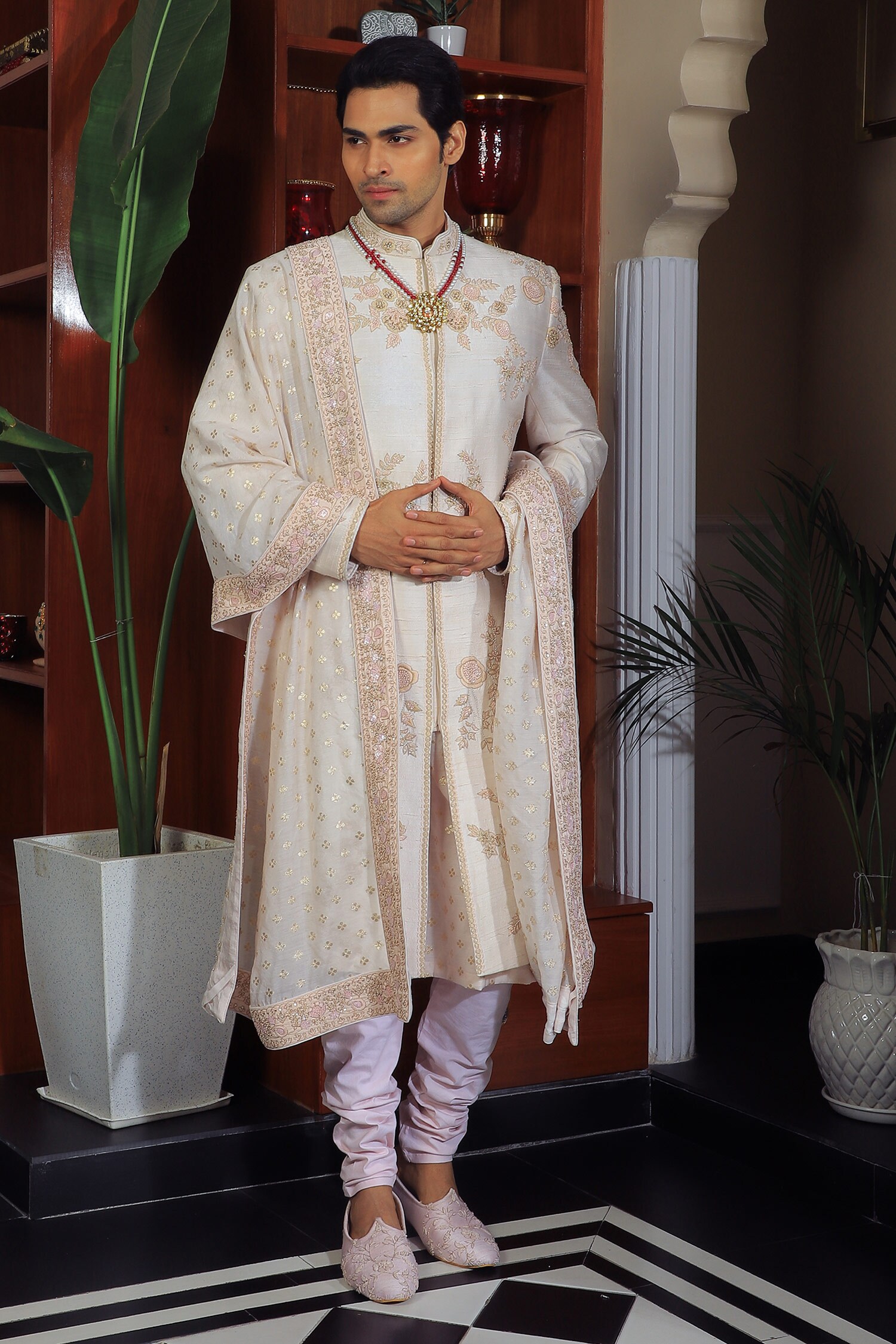 Buy Off White Silk Embroidery Thread Flower Sherwani Set For Men by ...