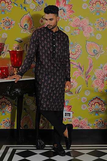 Buy Black Silk Printed Floral And Pant Set For Men by YAJY by Aditya ...