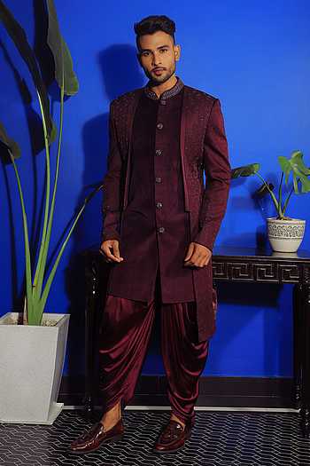Buy Purple Silk Embroidery Layered Sherwani With Cowl Pant For Men by ...
