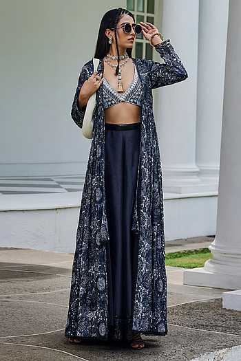 Buy Black Upada Silk Hand Embroidery Idika Print Jacket Palazzo Set For ...
