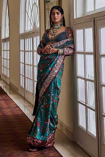 Buy Green Upada Silk Hand Embroidery Mira Bloom Print Saree With Blouse ...