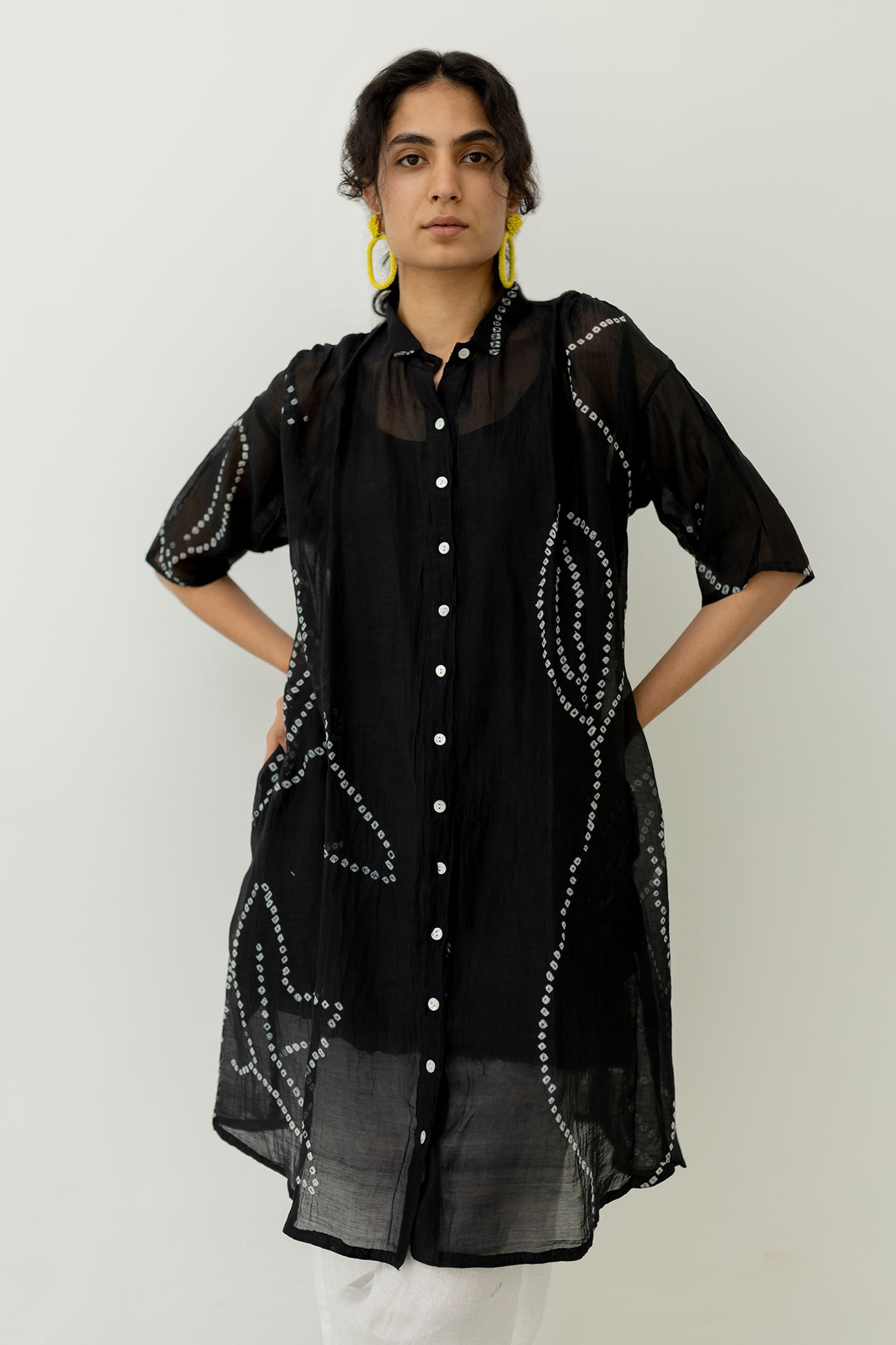 Buy Black Chanderi Bandhej Collar Leaf Tunic With Inner For Women by ...