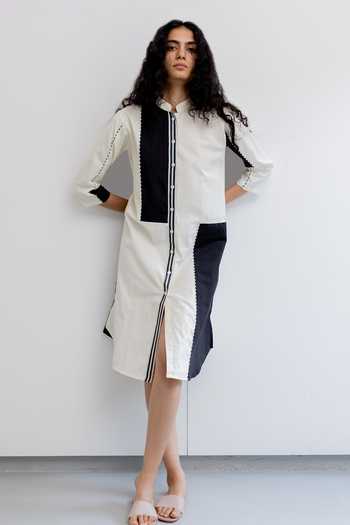 Buy Black Poplin Band Collar Color Block Shirt Dress For Women by Silai ...