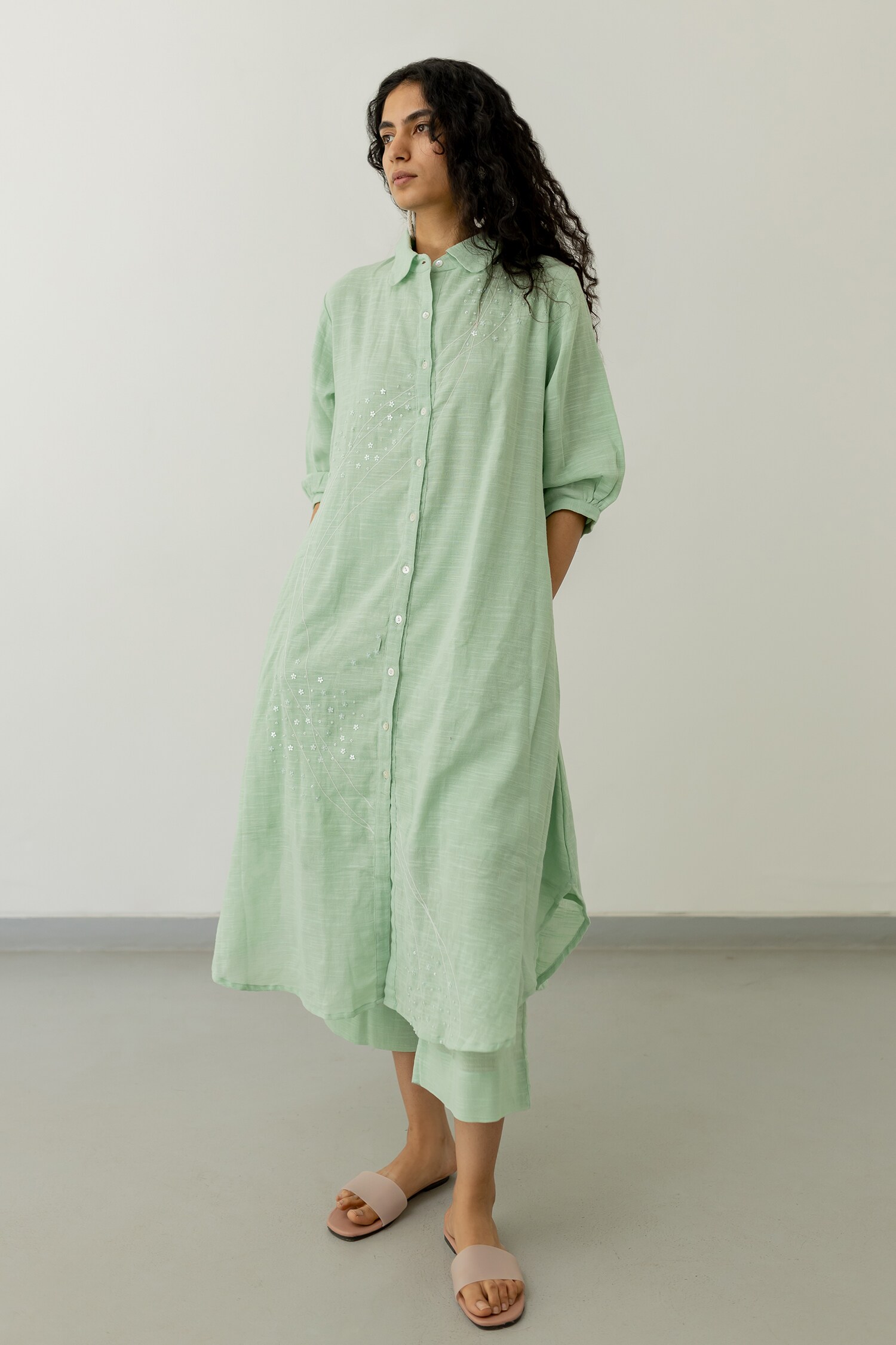 Buy Green Matka Cotton Embroidered Bead Collared A-line Tunic For Women ...