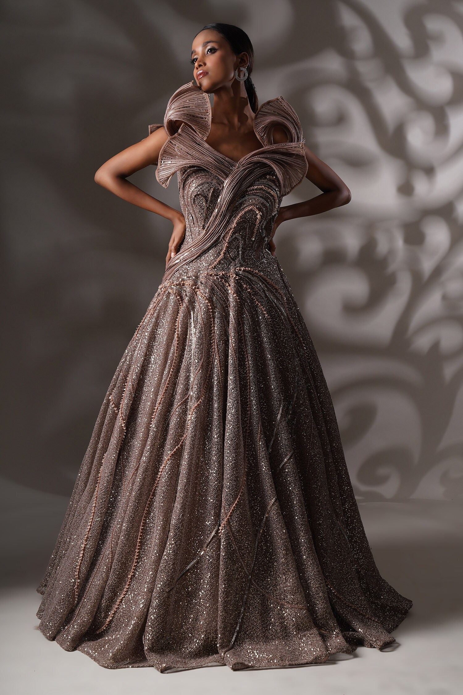 Buy Beige Sequins Knitted Fabric Embroidered Draped Panelled ...