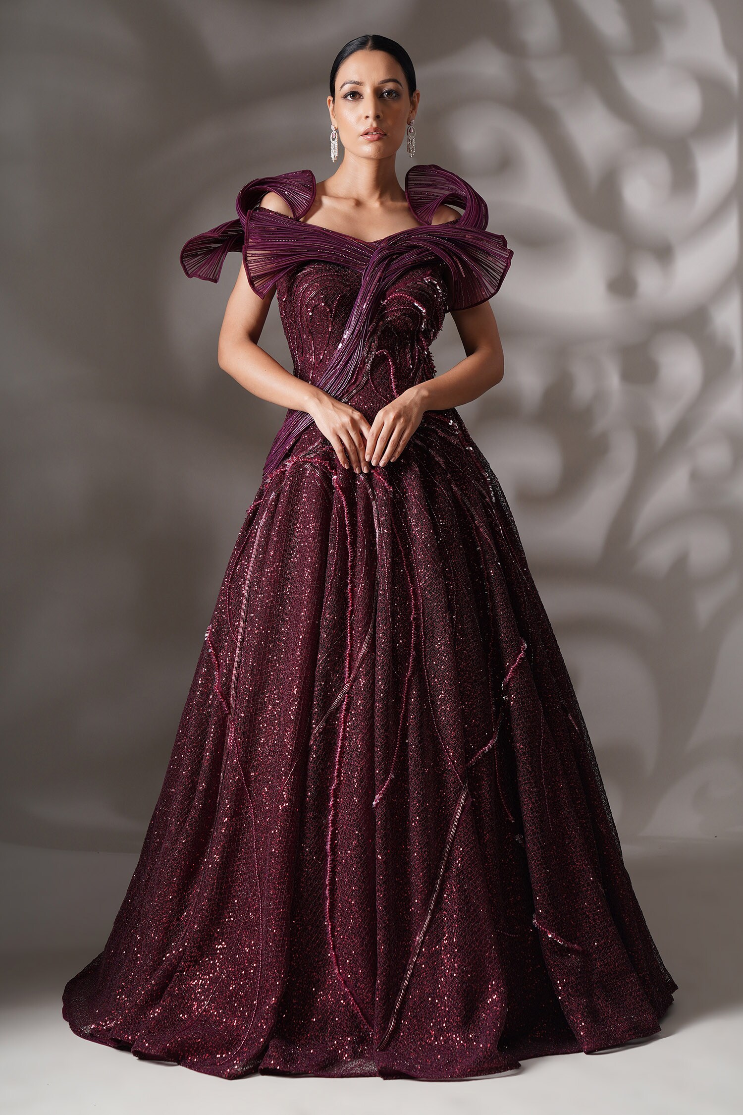 Buy Maroon Sequins Embroidered Cutdana Panelled Draped Embellished Gown ...