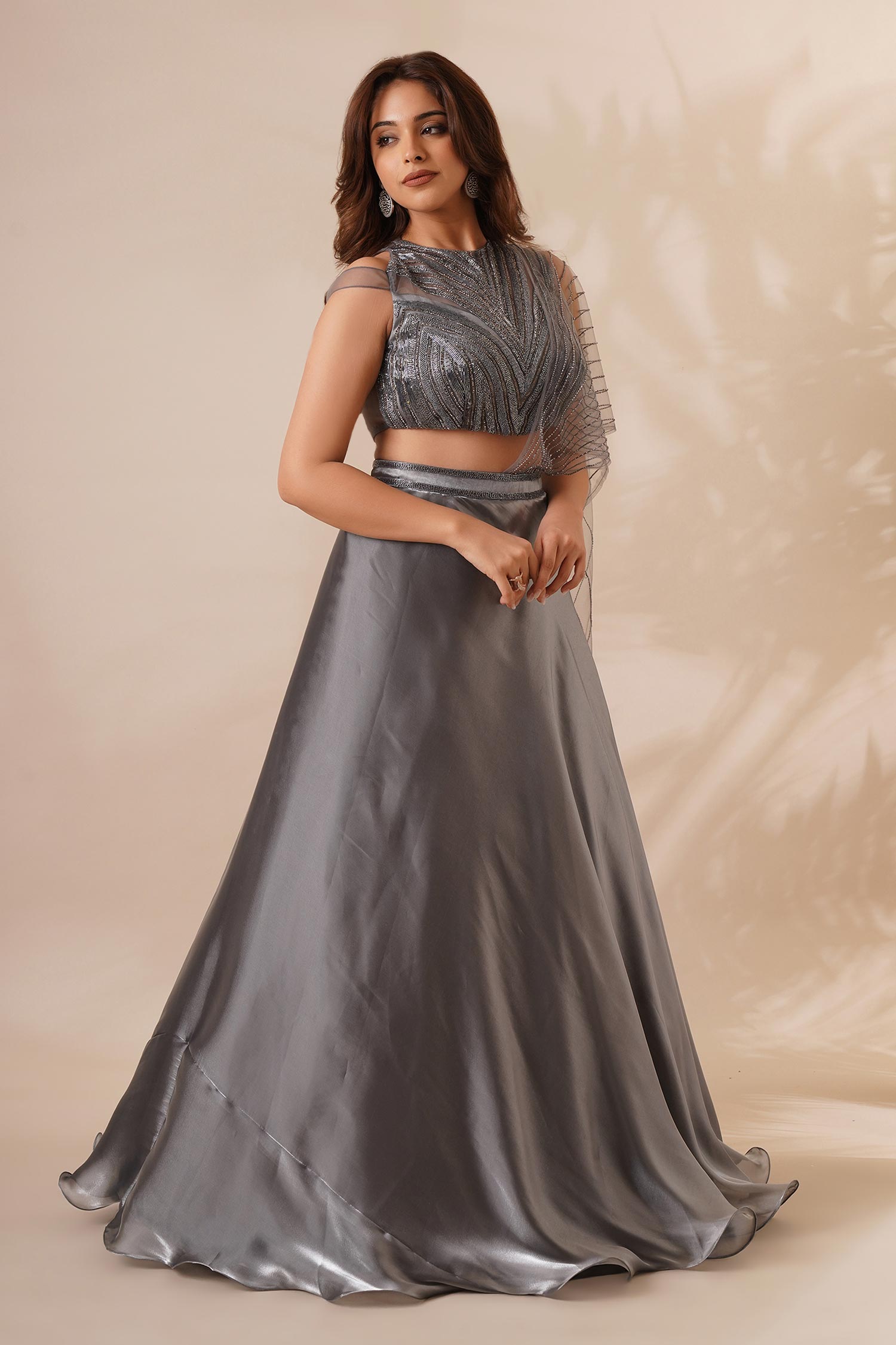 Buy Grey Glass Organza Embroidery Nalki Round Waistband Lehenga And Blouse Set For Women by ...
