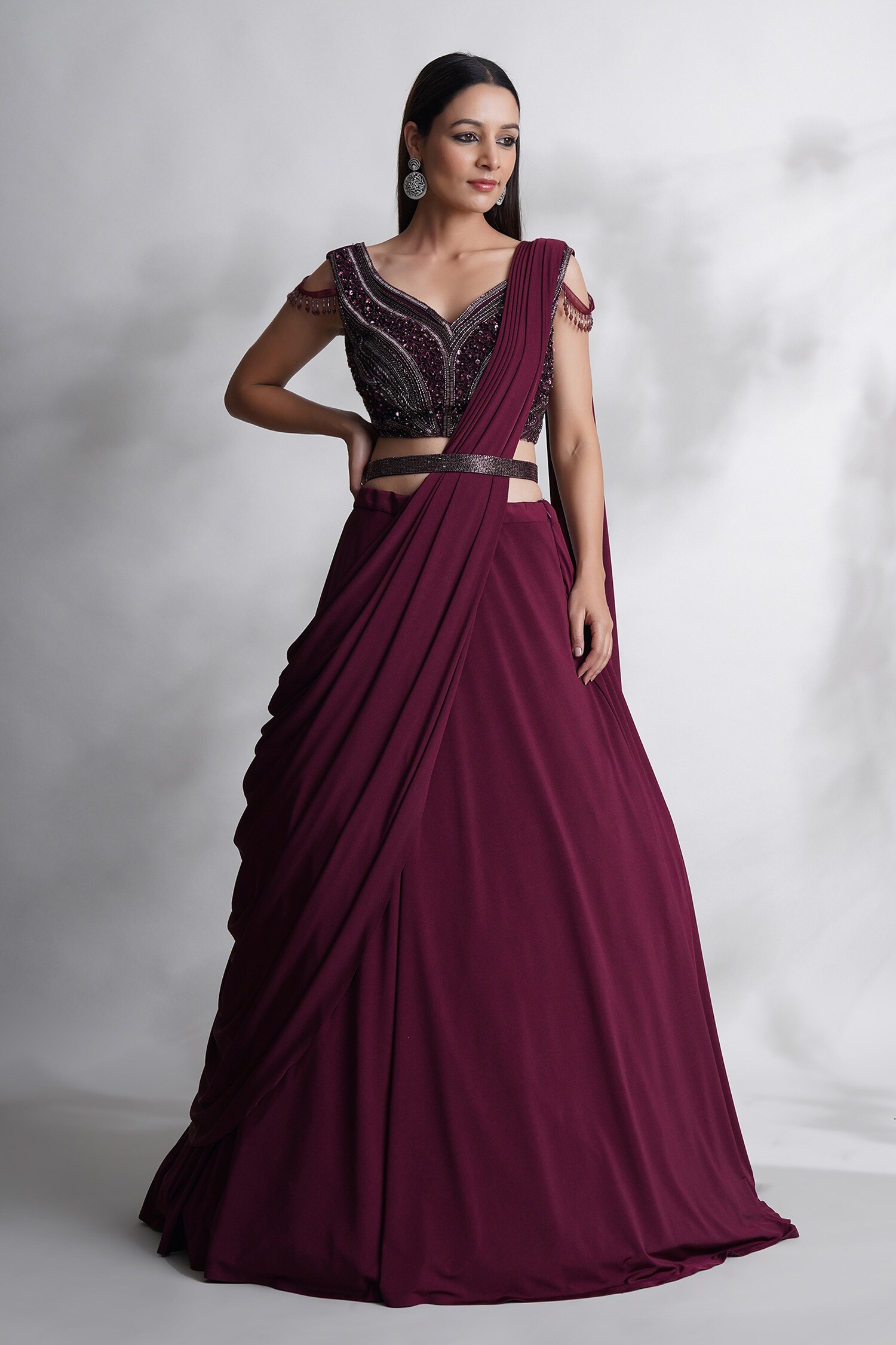 Buy Maroon Lycra Embroidery Nalki Leaf Neck Choli And Lehenga Set For ...