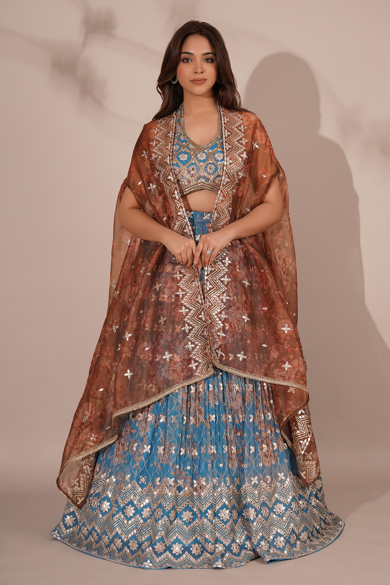 Buy Blue Georgette Printed Floral Cape Open And Embroidered Lehenga Set