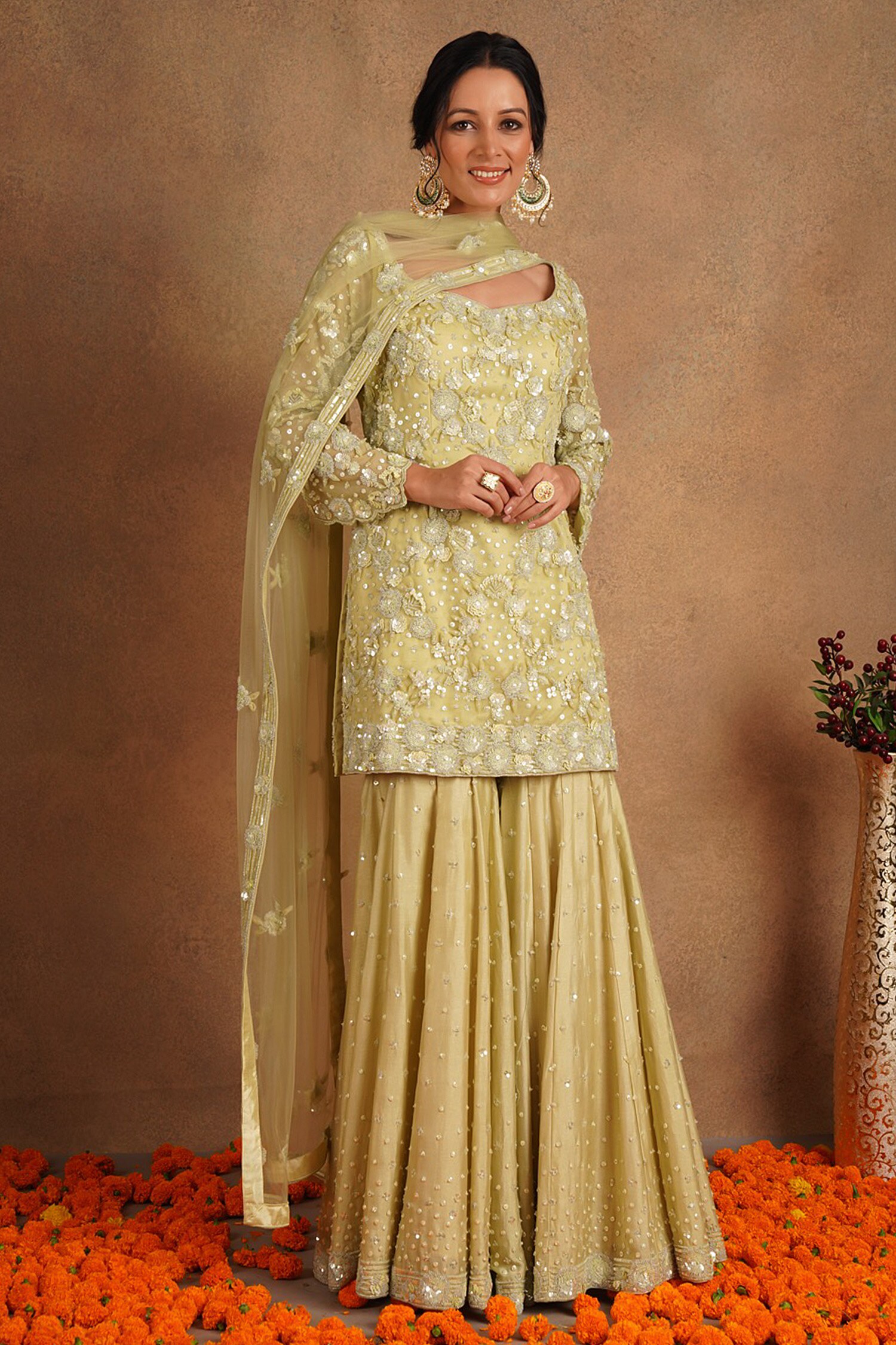 Buy Green Russian Silk Embroidered Cut Dana Leaf Neck Sequin Kurta ...