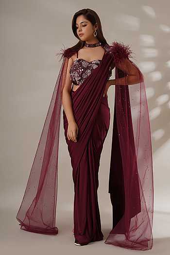 Buy Chaashni by Maansi and Ketan Maroon Lycra Pre-draped Saree ...