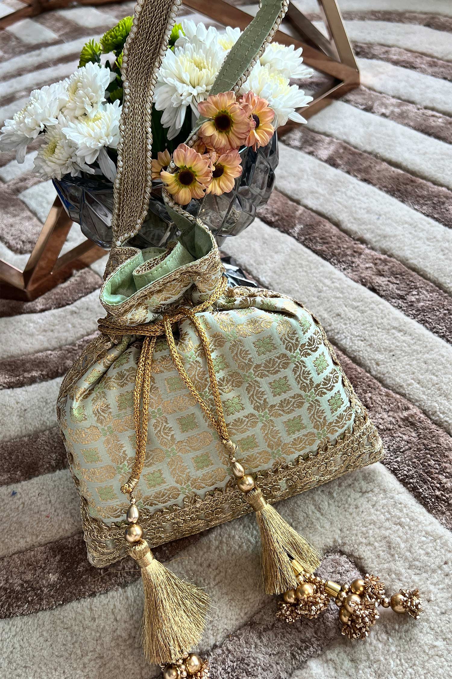 Buy Green Vintage Pattern And Lace Work Banaras Potli Bag by Fuchsia ...