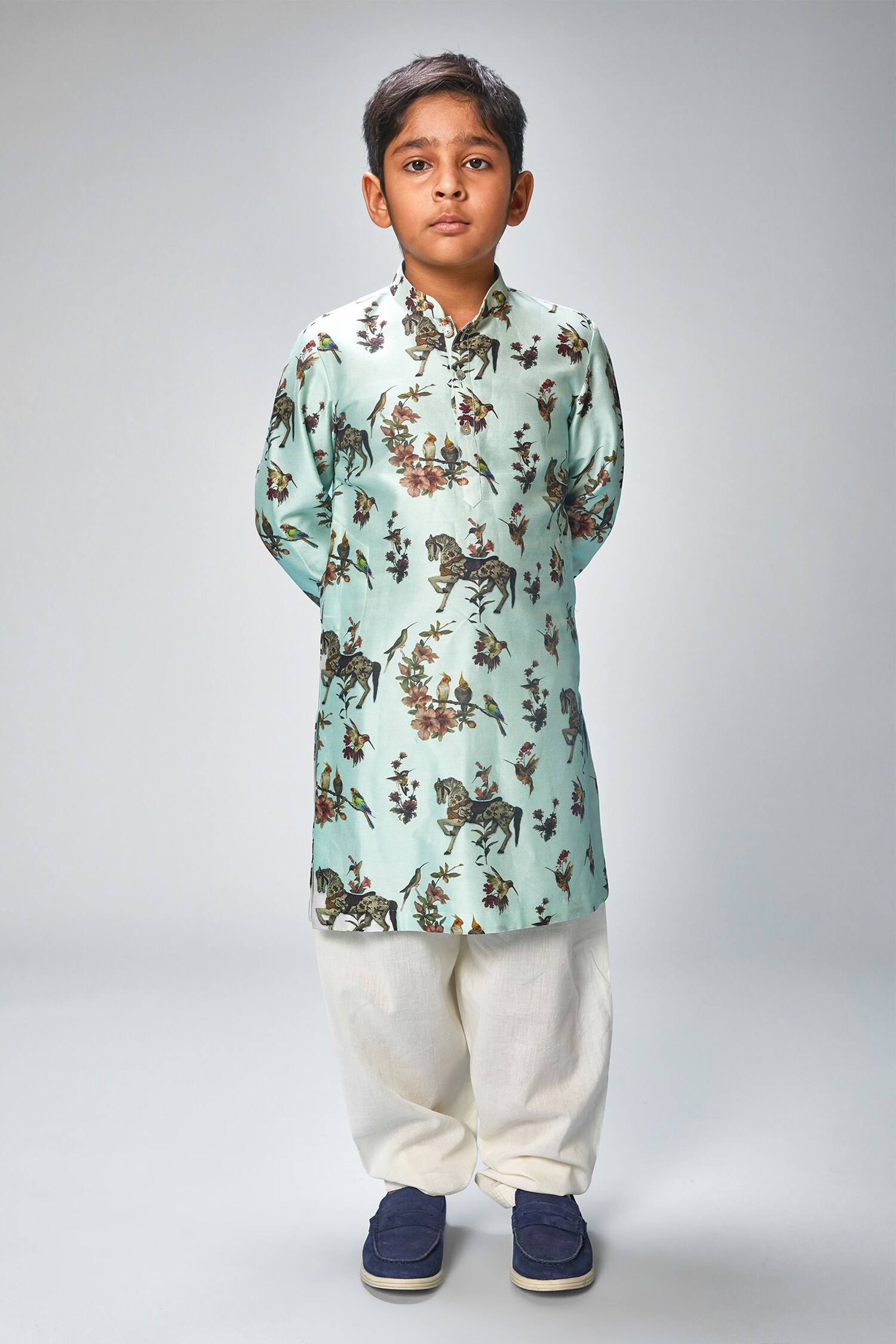 Buy Blue Chanderi Printed Floral Horse And Kurta Set For Boys by Bal ...