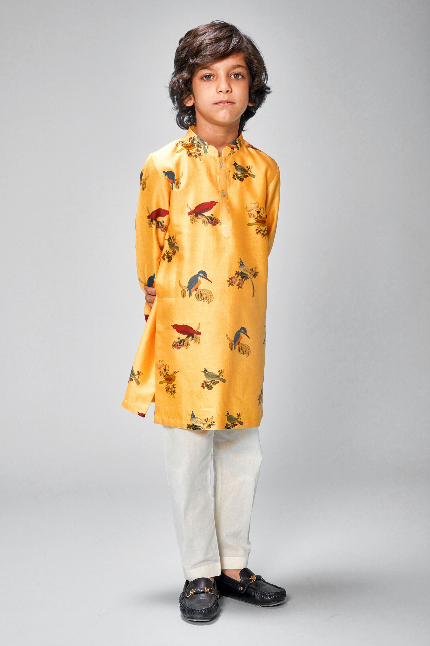 Buy Bal Bachche By Rohit Bal Yellow Bird Print Kurta Set For Boys ...