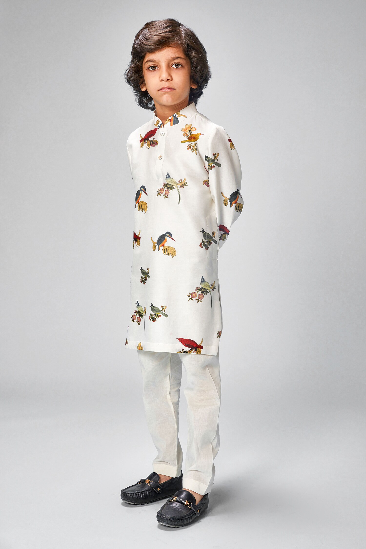 Buy Bal Bachche By Rohit Bal Ivory Chanderi Bird Print Kurta Set For ...