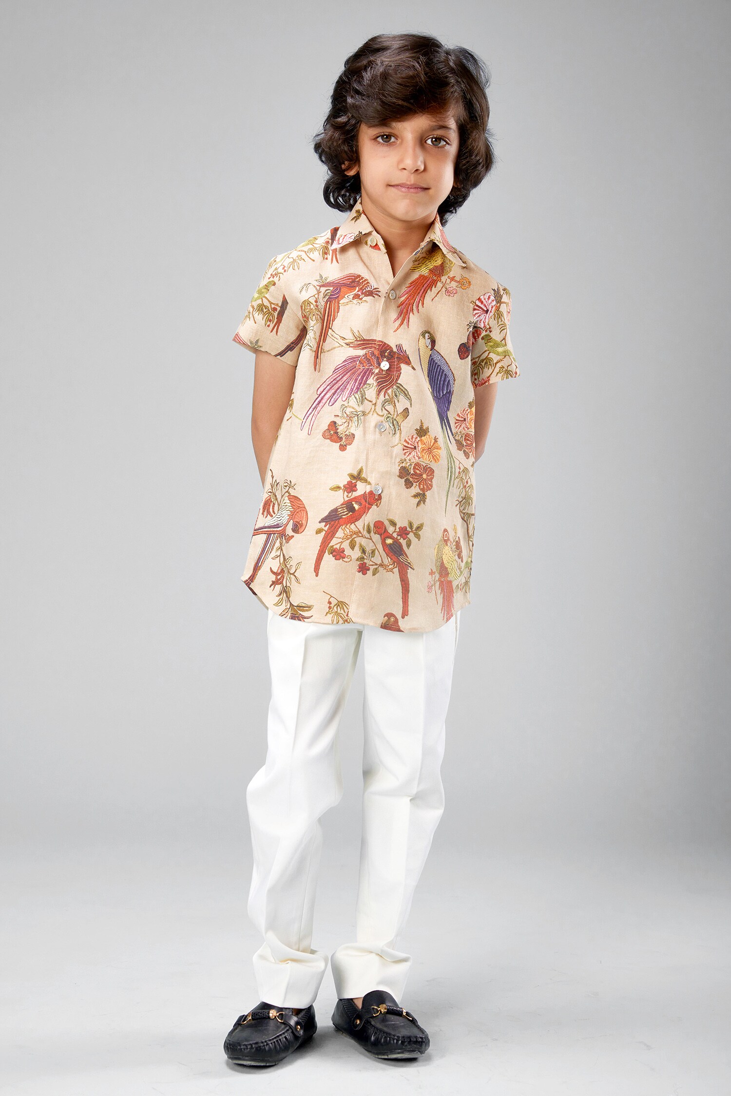 Buy Bal Bachche By Rohit Bal Beige Birds Print Linen Shirt For Boys ...
