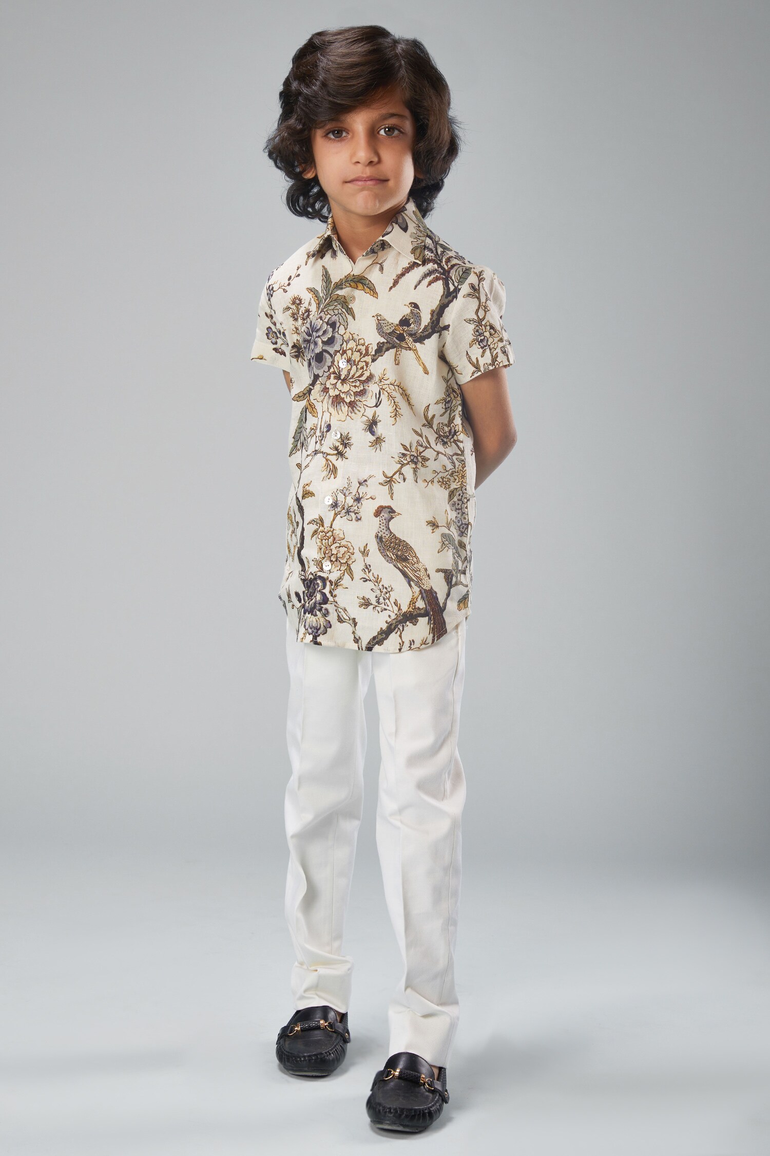 Buy Ivory Linen Printed Floral And Bird Botanical Shirt For Boys by Bal ...
