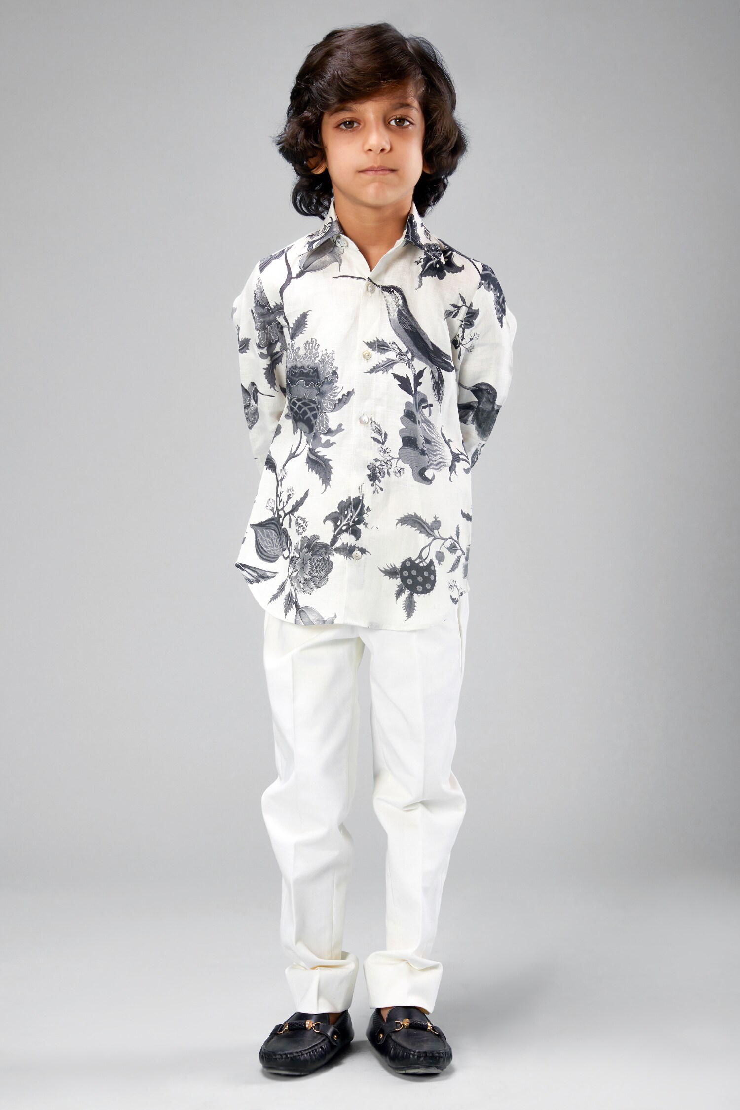 Buy Bal Bachche By Rohit Bal Ivory Bird Print Linen Shirt For Boys ...