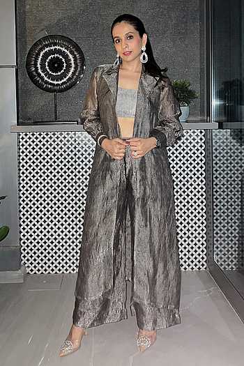 Buy Silver Silk Stripe Notched Lapel Collar Metallic Jacket And Pant ...