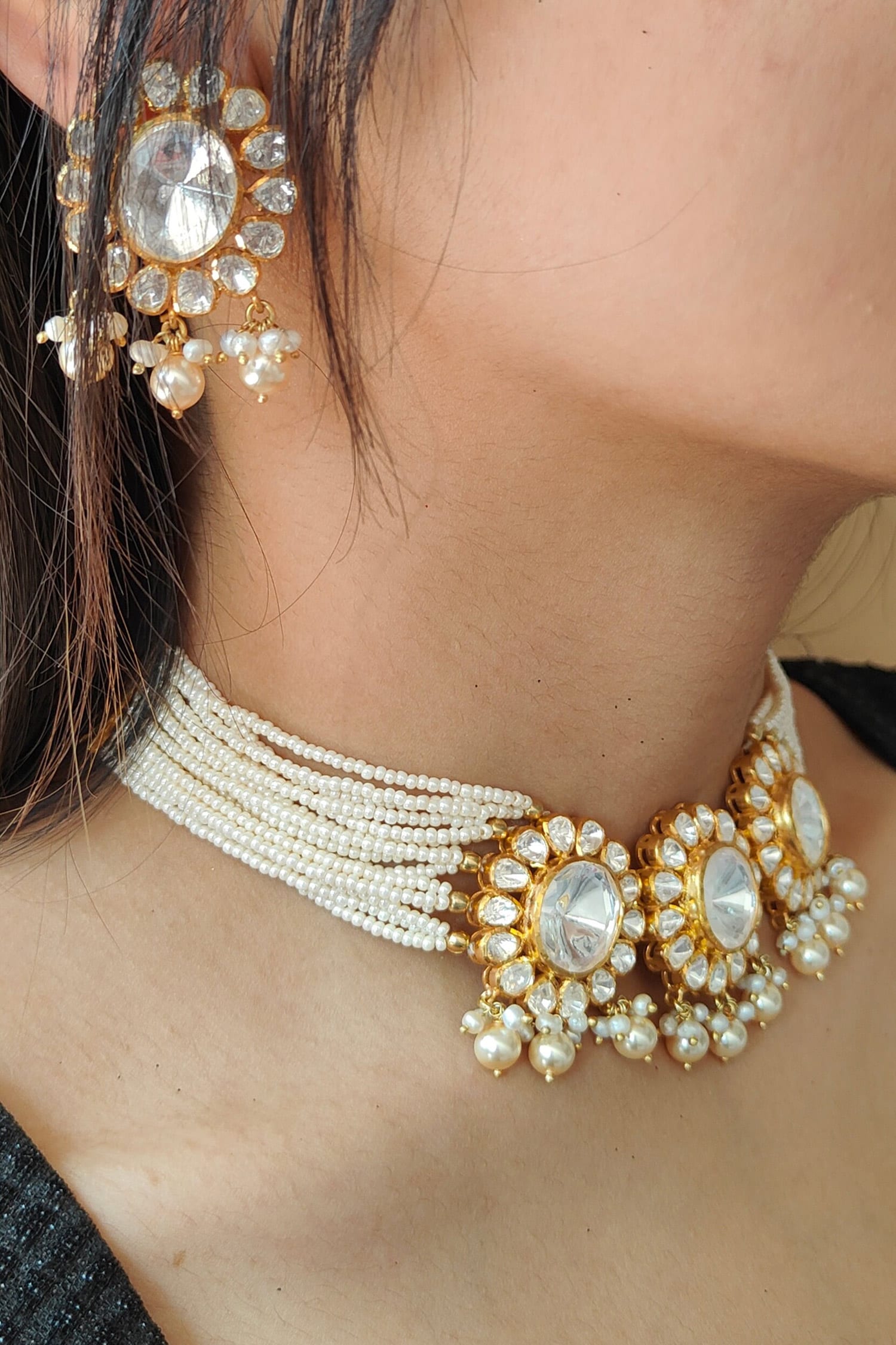 Buy Gold Plated Moissanite Polki Flower Cut Work Embellished Jewellery ...