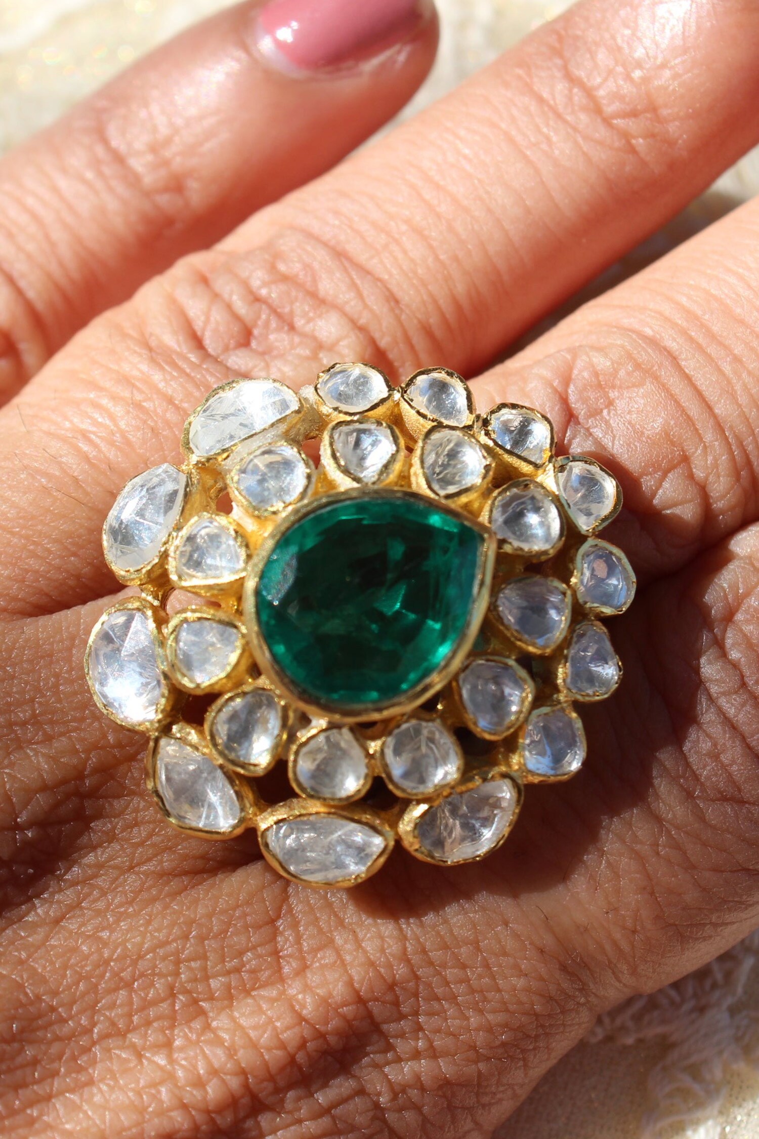 Buy Gold Plated Moissanite Polki Cut Work Ring by Zeeya Luxury ...