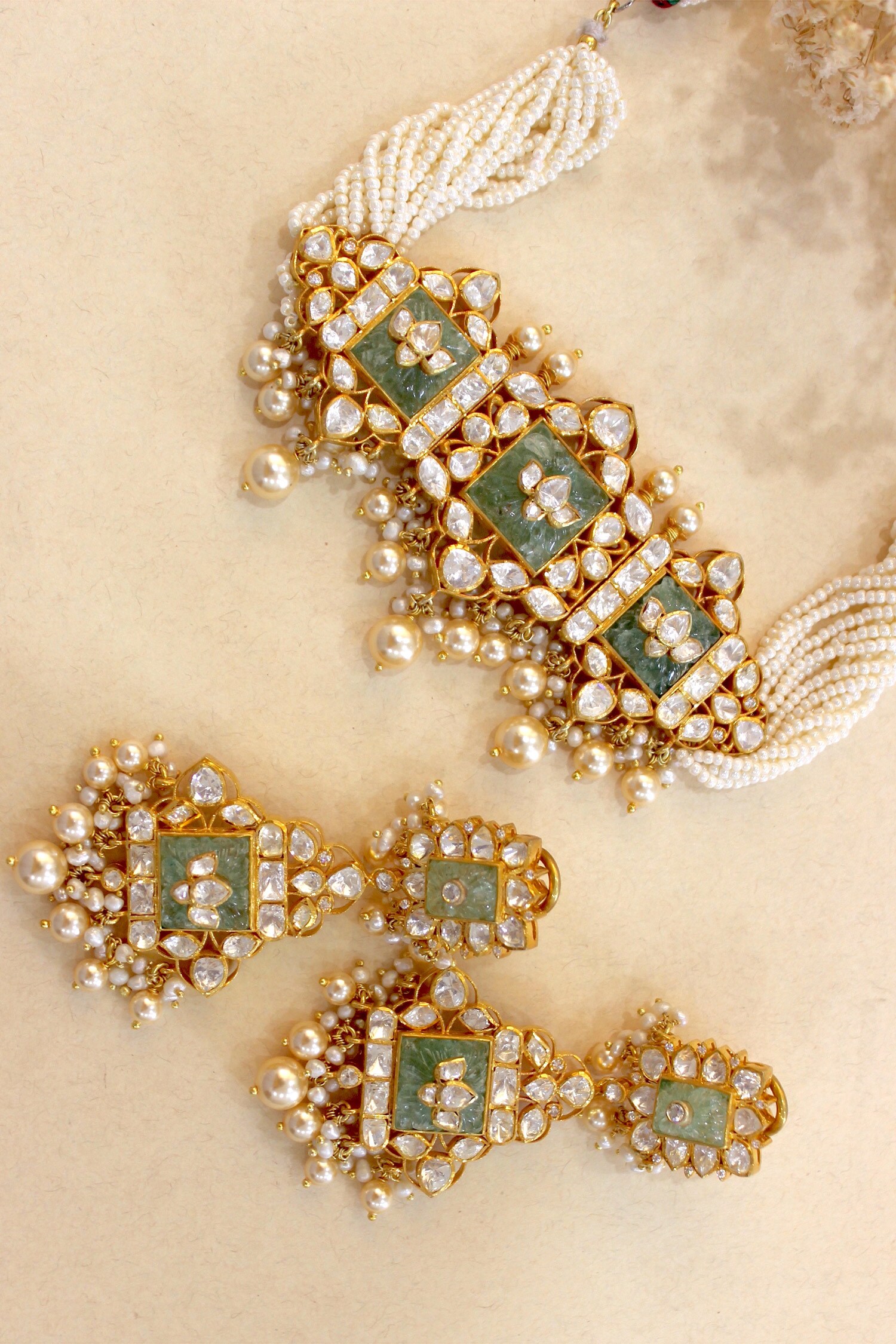 Buy Gold Plated Moissanite Polki Flower Embellished Jewellery Set by ...