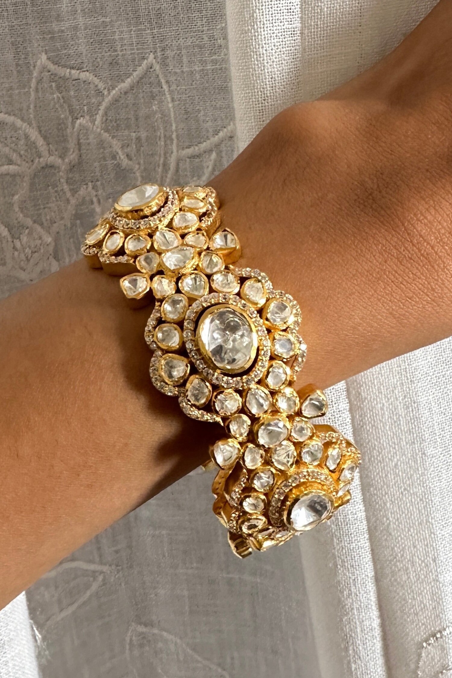 Buy Gold Plated Moissinite Polki Floral Embellished Bangle by Zeeya ...