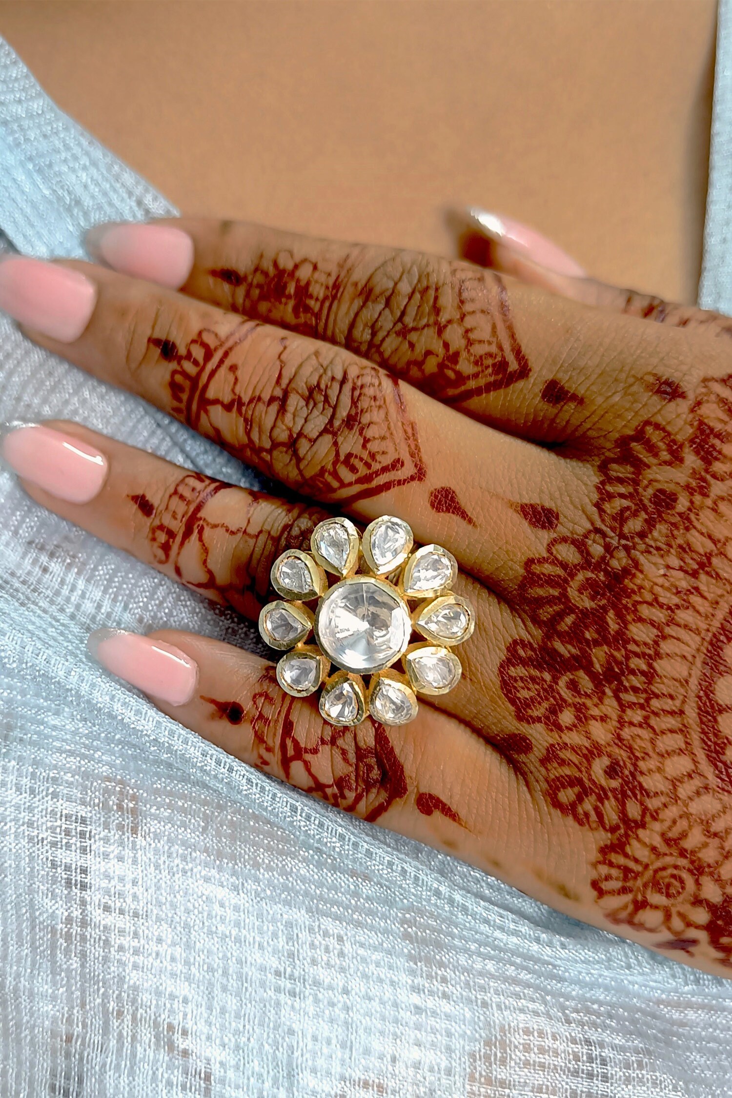 Buy Gold Plated Moissinite Polki Embellished Floral Ring by Zeeya ...