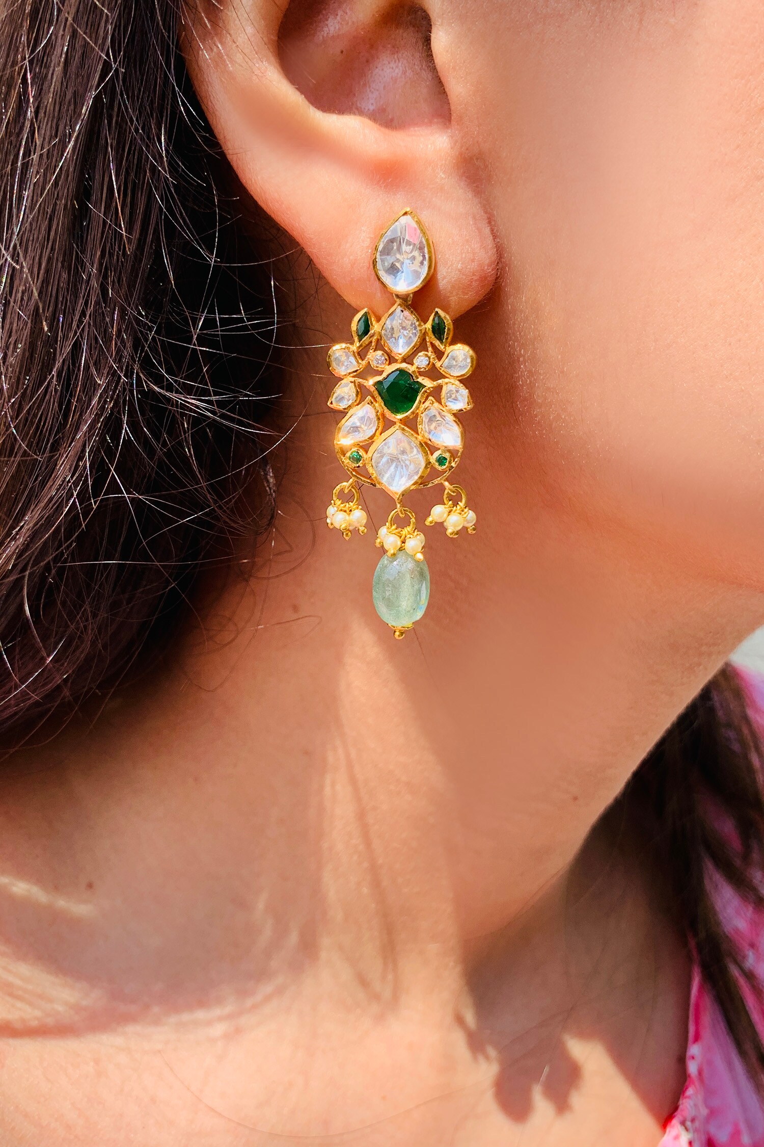 Buy Green Moissinite Polki Embellished Dangler Earrings by Zeeya Luxury ...