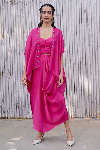 Buy Kanelle Pink Viscose Satin Mala Draped Skirt Set With Placket ...