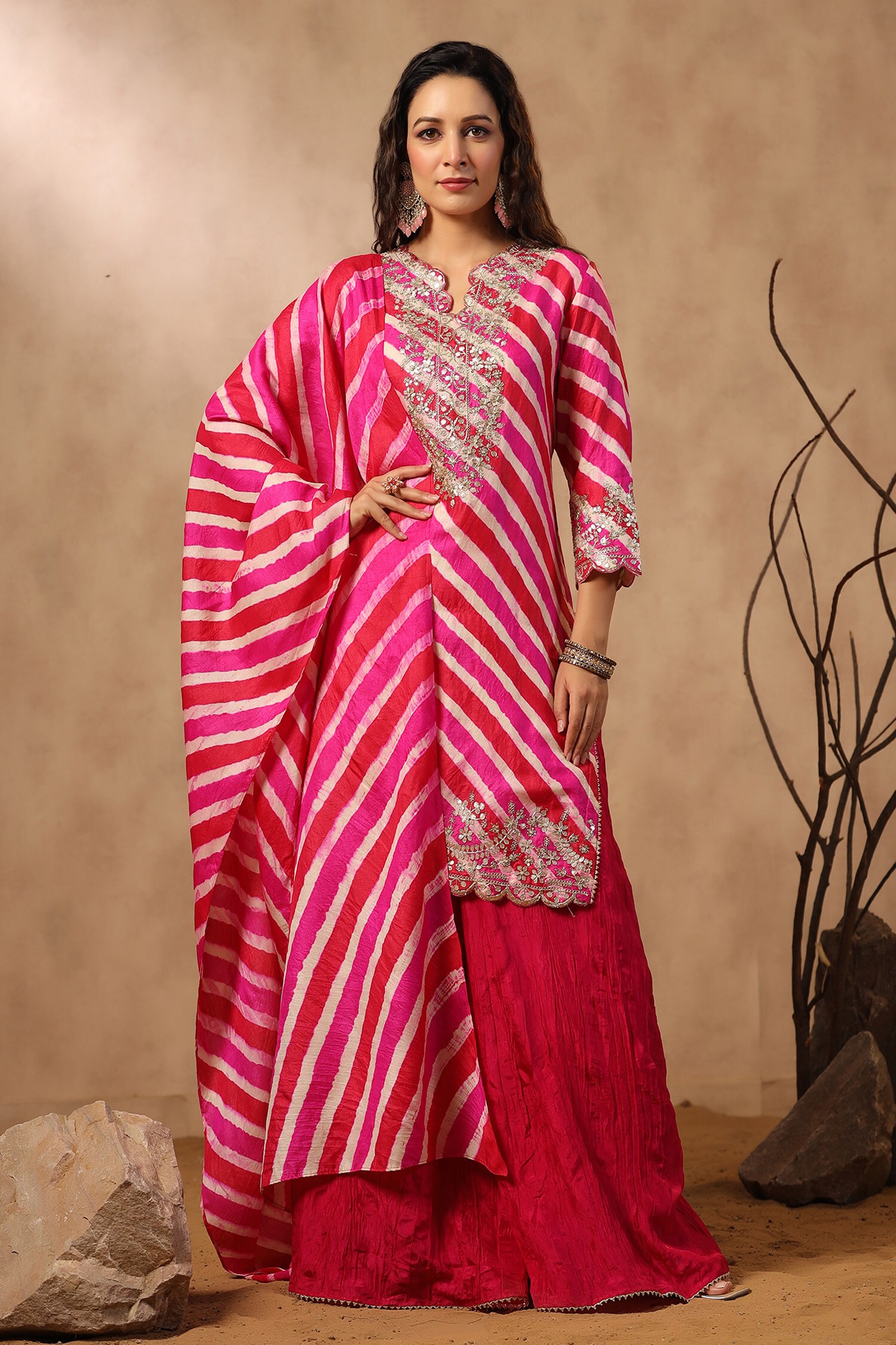Buy Pink Kurta And Dupatta Silk Embroidered Leheriya Pattern Gharara ...
