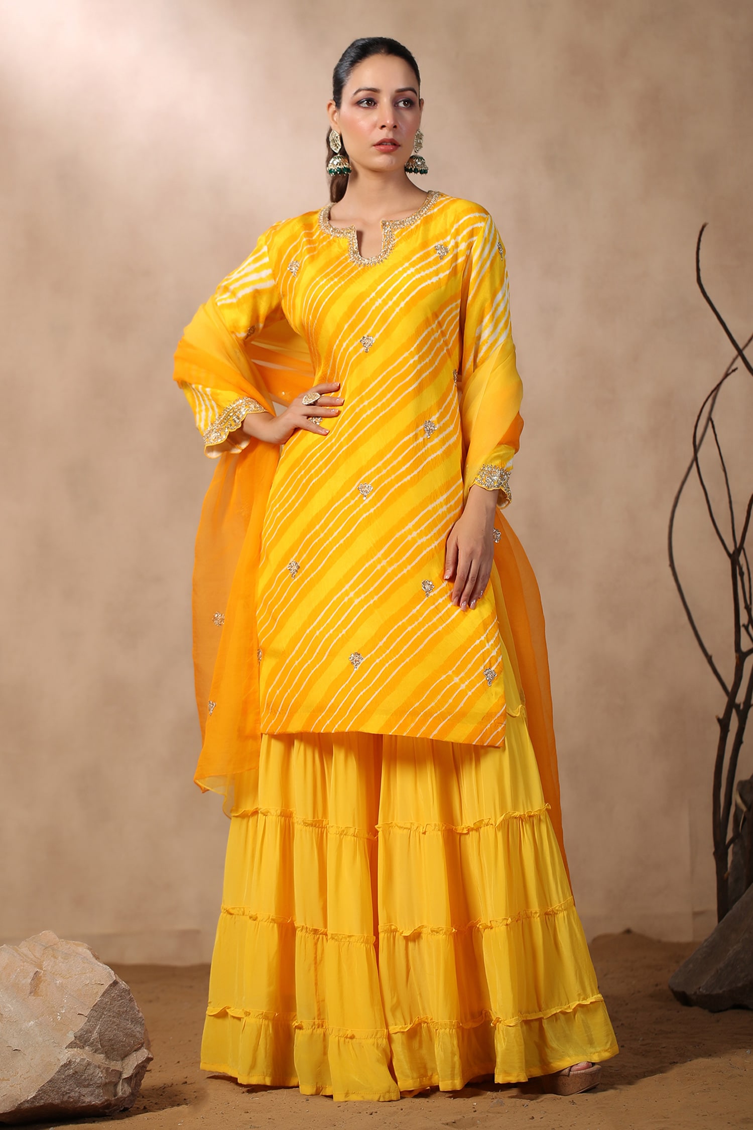 Buy Yellow Kurta: Silk Embroidered Sequins Leheriya Pattern Sharara Set ...