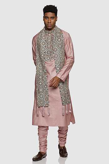 Buy Peach Silk Embroidered Thread Placket Kurta Churidar Set For Men by ...