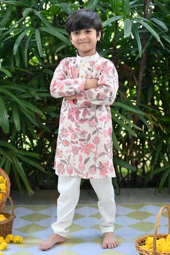 Buy Ivory Kurta Cotton Flex Printed Floral Band Collar Pyjama Set For ...