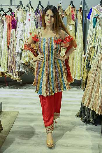 Buy Etasha by Asha Jain Red Metallic Colorblock Anarkali Pant Set ...