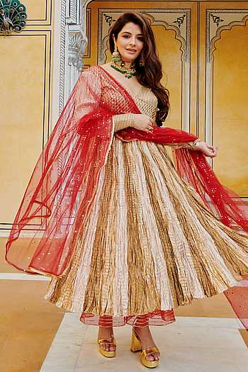 Buy Etasha by Asha Jain Gold Gota Embroidered Angrakha Anarkali Set ...