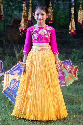 Buy Orange Blouse Silk Blend Hand Embroidery Sher Bagh With Lehenga For ...
